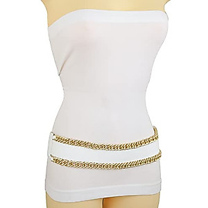 Women White Wide Fashion Belt - Elastic Waistband Gold Metal Chain Links Size S, Silver, One Size