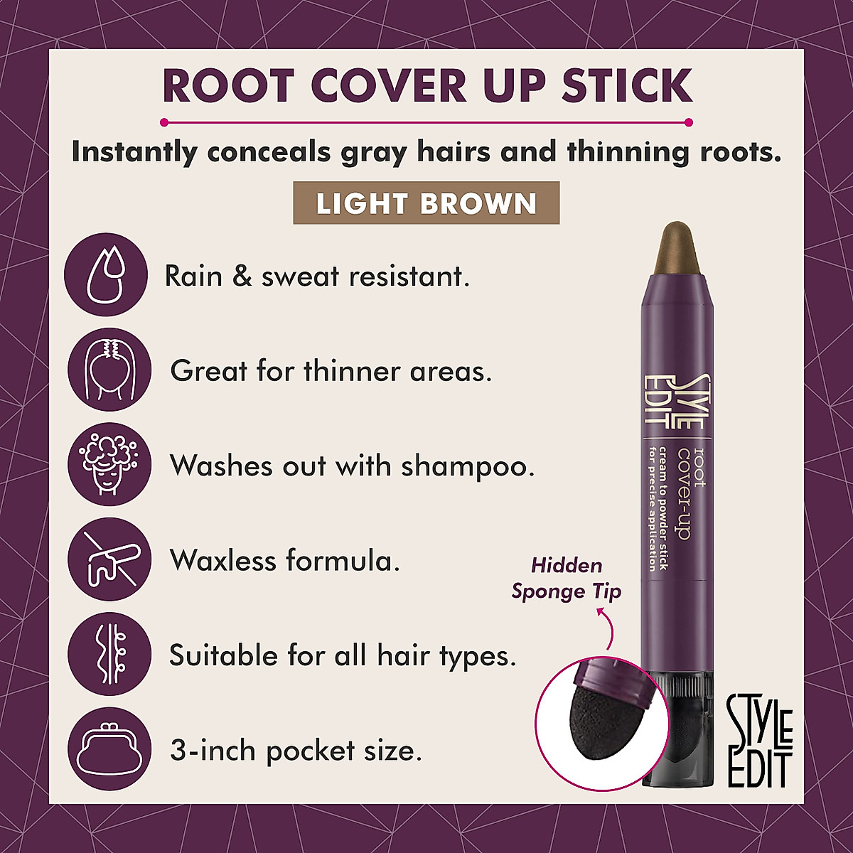 Style Edit Instant Root Concealer Stick to Touch up and Cover Grays (Light Brown)