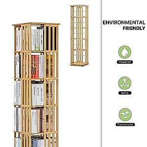 Magshion Rotating Bookcase 4-Tier Corner Shelf Bamboo Media Storage, 59.8" High Revolving Floor Standing Storage Organizer Living Room Bedroom 360 Degree Rotating Storage (Natural, Stripe Guardrail)