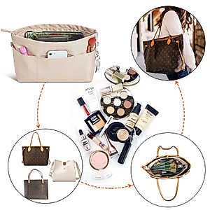 Vercord Premium Nylon Purse Organizer Tote Handbag Insert Organizers Bag in Bag Zipper 13 Pockets Beige Medium