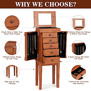 AVAWING Jewelry Cabinet Armoire with Top Flip Makeup Mirror, 5 Drawers&8 Necklace Hooks, Jewelry Storage Organizer with 2 Side Doors, Jewelry Armoire Box Chest with Top Organizer Compartment (Cherry)