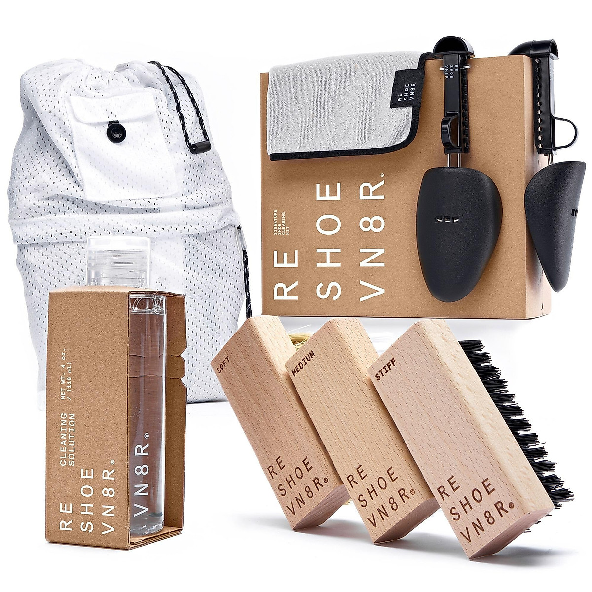 Reshoevn8r Shoe Cleaner Sneakers Kit, Signature Kit - Sneaker Cleaner for Suede Canvas Leather Mesh Knit Nubuck Shoes - 4oz Cleaning Solution & Conditioner, 2 Shoe Trees, 3 Brushes & Microfiber Towel