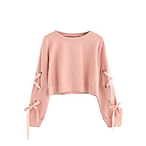 SweatyRocks Women's Casual Lace up Long Sleeve Pullover Crop Top Sweatshirt Solid Pink Small