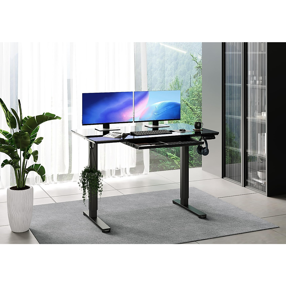 INNOVAR Glass Standing Desk with Drawers, 48×24 Inch Adjustable Stand Up Desk, Quick Install Home Office Computer Desk, Black
