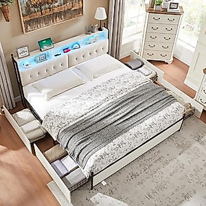 T4TREAM King Bed Frame with Storage Upholstered Headboard and 4 Drawers, Farmhouse Metal Platform Bed w/LED Lights & Charging Station, Stable & Easy Assembly, No Box Spring Needed, Antique White
