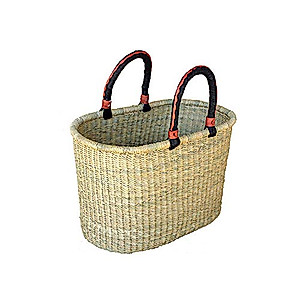 African Market Basket, Large Oval Woven Straw Basket with Handle Fair Trade Storage Organizer