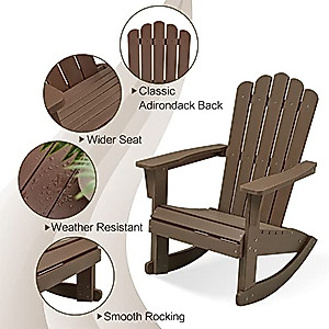 Psilvam Adirondack Patio Rocking Chair, Poly Lumber Porch Rocker with High Back, 350Lbs Support Rocking Chairs for Both Outdoor and Indoor, Poly Rocker Chair Looks Like Real Wood Set of 2（Brown）