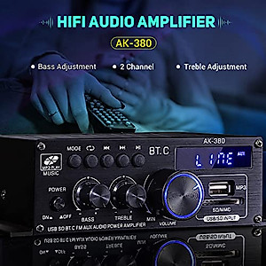 Facmogu AK380 Max 200Wx2 Mini Audio Power Amplifier, RMS 40Wx2 2.0 CH Bluetooth Receiver Speaker Amp with 12V 5A Power Supply, Bass & Treble Control Music Player Sound Amplifier for Car Home Garage