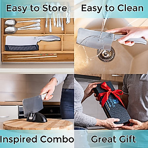 Dakhus Meat Cleaver | Kitchen Knife for Cutting, Stainless Steel Chopping, Slicing, Dicing Comfortable Handle Sharp Butcher Knife + Sheath + Sharpener, 3x12 inches Cleaver Knife