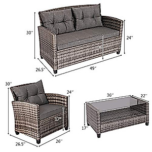 Tangkula 4 PCS Patio Wicker Conversation Furniture Set, Outdoor Rattan Sofa Set with Padded Cushion & Tempered Glass Coffee Table, Wicker Sectional Sofas & Table for Courtyard Balcony Garden (1, Grey)