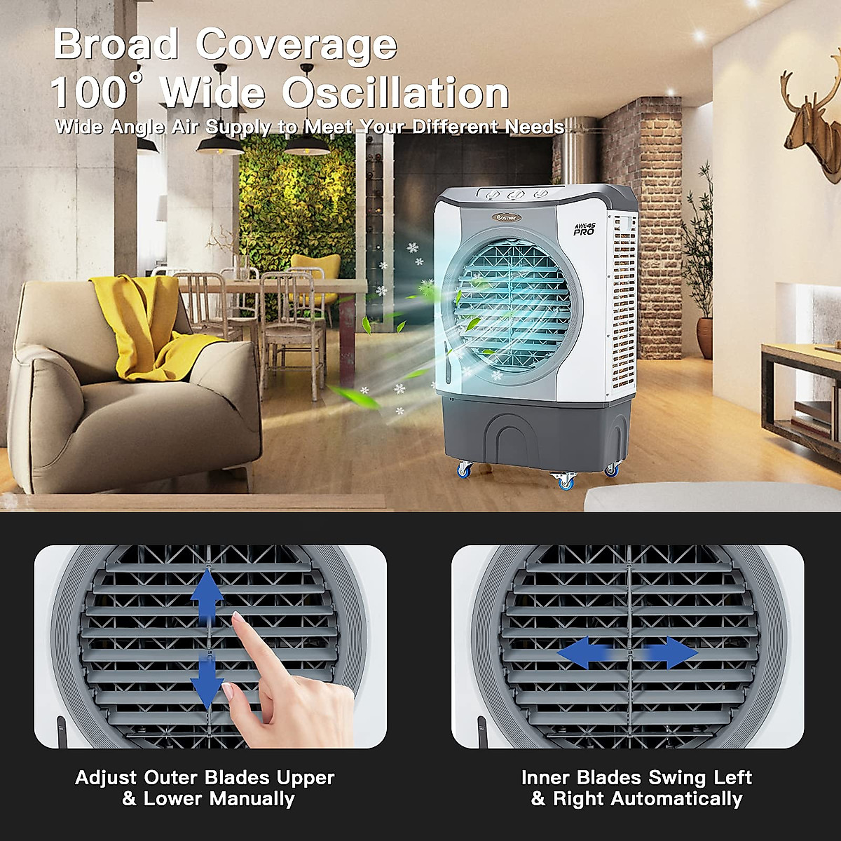 COSTWAY Evaporative Air Cooler, 3450 CFM Swamp Cooler with 100°Oscillation, 210W Cooling Fan, 3 Speeds & 3 Modes Cools up to 1800 Sq. ft, AC Unit with 4 Universal Casters for Indoor & Outdoor