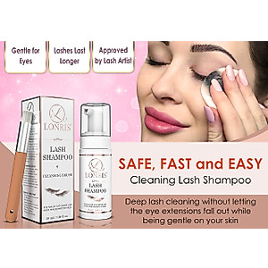 2 in 1 Eyelash Extension Shampoo & Mascara Remover/LONRIS Eyelid Foaming Cleanser/Extensions and Natural Lashes Safe Foam/False Eyelashes Makeup Wash/Paraben & Sulfate Free/Personal and Salon Use 50ml