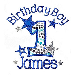 Fantasy Kids Designs First Birthday Boy Outfit Bodysuit Personalized with Custom Name (12 Months Short Sleeve, Royal Blue)