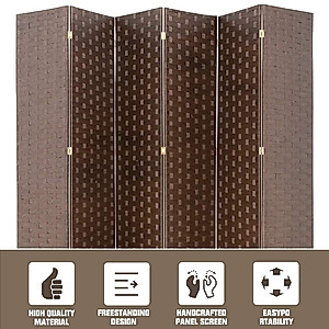 6-Panel Room Divider Folding Screen Wooden Partition, 6 ft. Tall Weave Fiber Extra Wide Foldable Panels Wall Divider Double Hinged Privacy Outdoor/indoor Divider for Home Office Dorm Decor - Brown