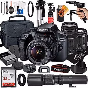 Canon EOS 4000D / Rebel T100 DSLR Camera with EF-S 18-55mm + EF 75-300mm + 500mm Preset Manual Focus Lens + SanDisk 32GB Card + Tripod + Case + MegaAccessory Bundle (24pc Bundles) (Renewed)