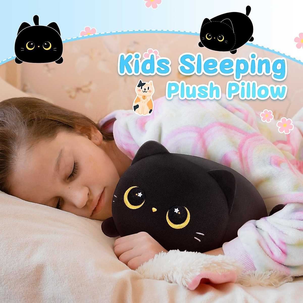 Mewaii Black Cat Plush, Cute Cat Plushies Toy, Soft Kitten Plushie Cuddle Pillow, Anime Plushie Doll, Cute Stuff Toys Gift for Girls, Boys and Males (8 Inch)
