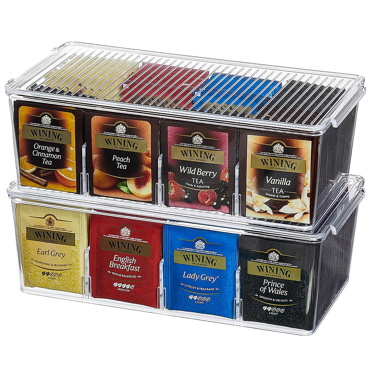 Lifewit 2 Pack Plastic Stackable Tea Bag Organizer, Divided Storage Bin Box for Kitchen Cabinets, Countertops, Pantry, Hold Coffee Pods, Sugar Packets, Condiments, 8 Sections