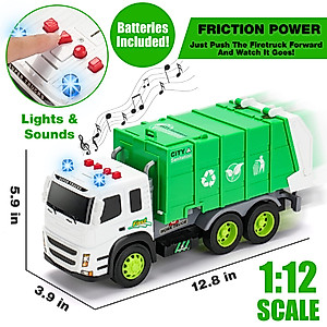 MOBIUS Toys Garbage Truck Friction-Powered – 1:12 Scale Large Size Truck w/Sounds, Lights, Loader, 4 Trash Cans for Learning Waste Management Recycling Toy for Toddlers, Boys, Girls 3 4 5 Years Old