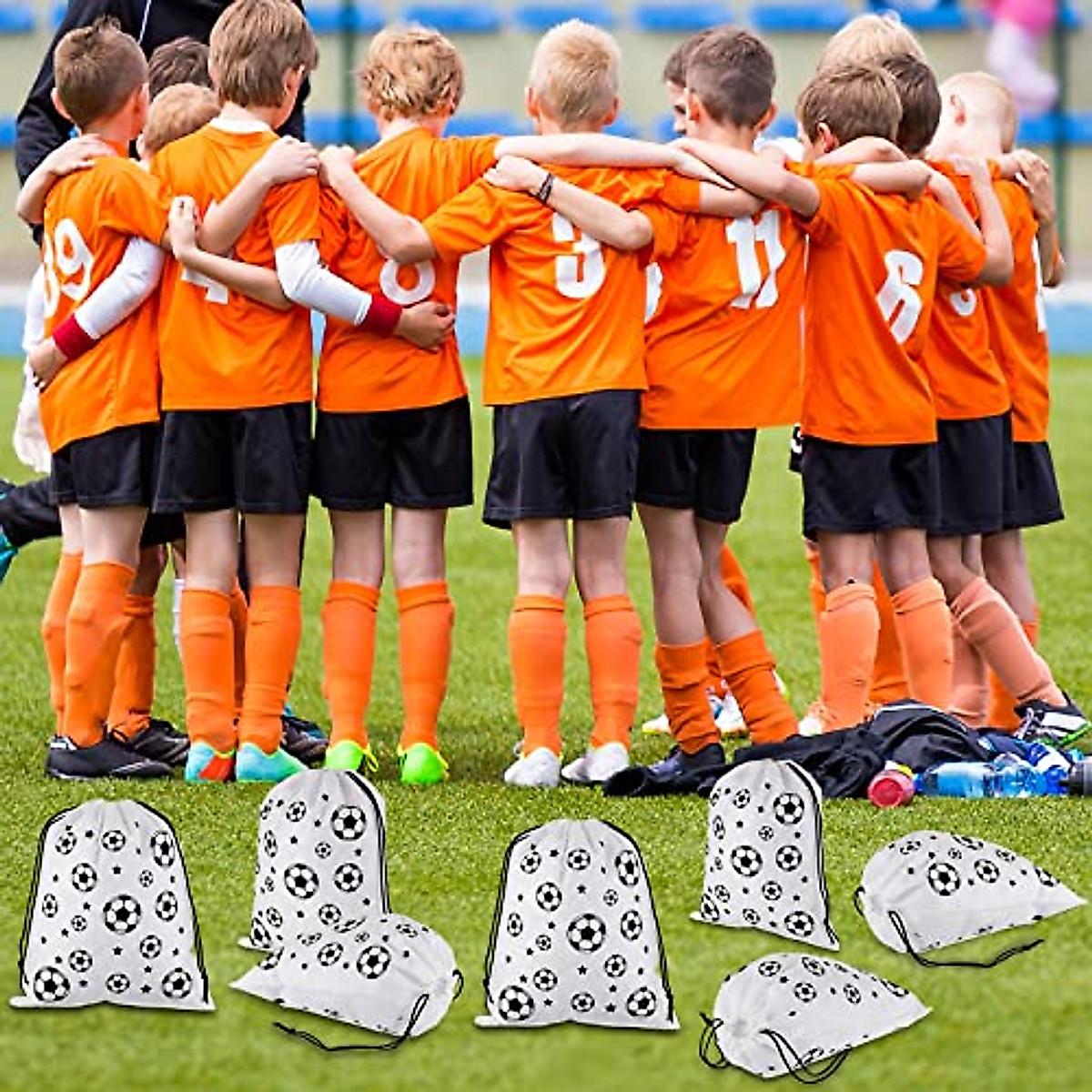 Shappy 18 Pieces Soccer Print Non Woven Bags Soccer Drawstring Bags Large Treat Candy Goodie Present Bags for Birthday Party Favors, 10 x 12 Inch (Soccer)