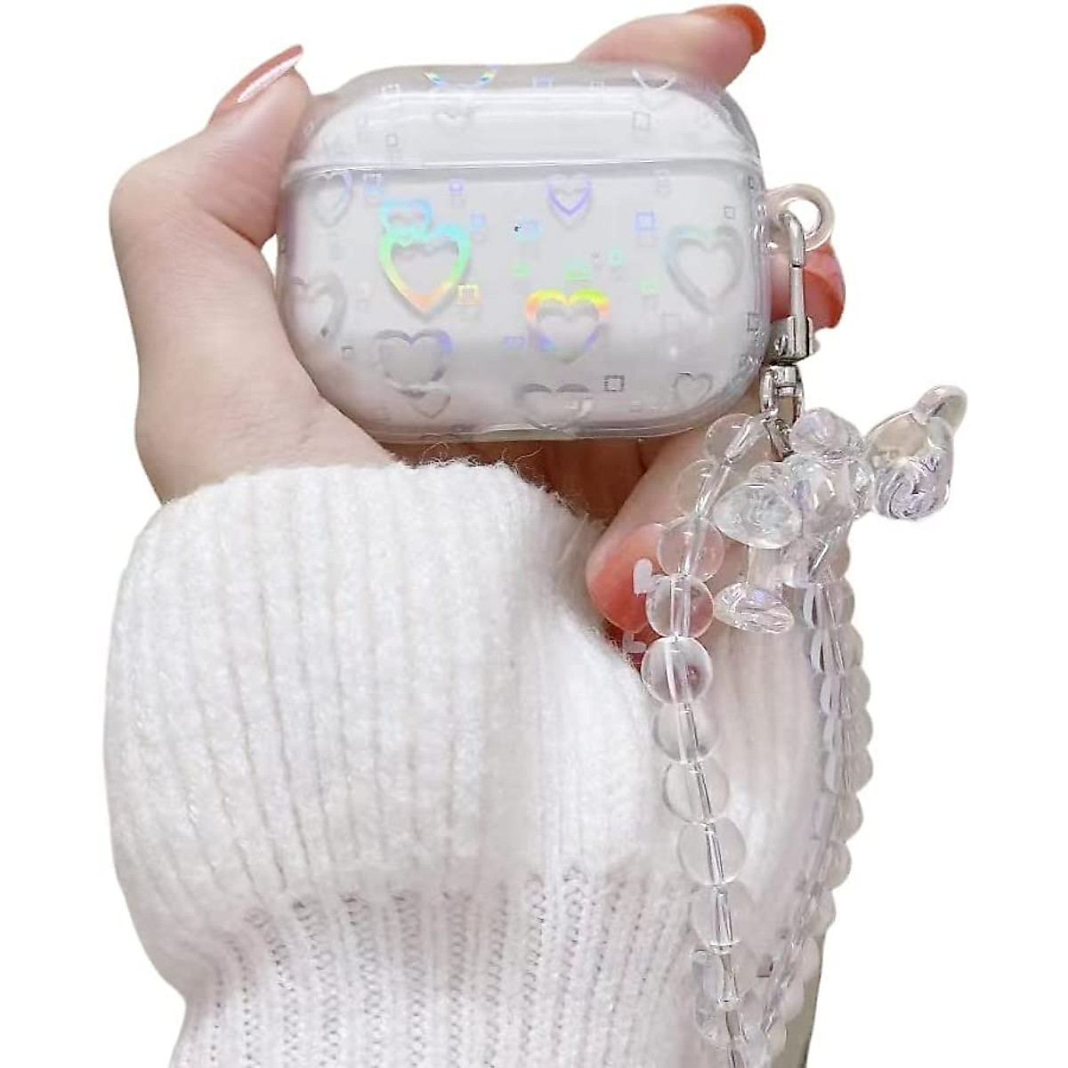 Clear Holographic Heart Case Compatible for Airpods Pro 2nd,Love Heart Laser Pattern Aesthetic Glitter AirPods Protective Cases with Cute Bear Transparent Bead Bracelet Keychain