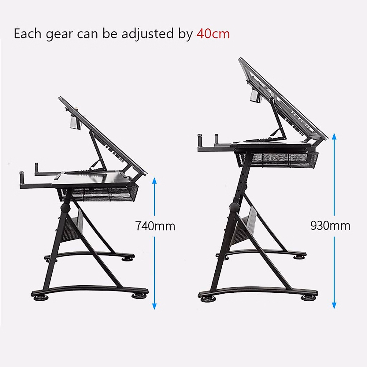 VejiA Drafting Table with Storage, Height Adjustable Tiltable Art Desk, Glass Panel Drawing Desk, for Work Study Painting Craft Table