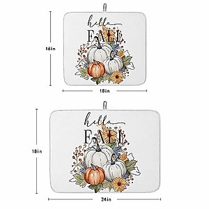 Hello Fall Dish Drying Mat for Kitchen Counter, Thanksgiving Grey Orange Pumpkins Baby Bottle Microfiber Drying Pad, Autumn Sunflower Botanical Absorbent Coffee Cup Dishes Drainer Mats 18"x24", 1 Pcs