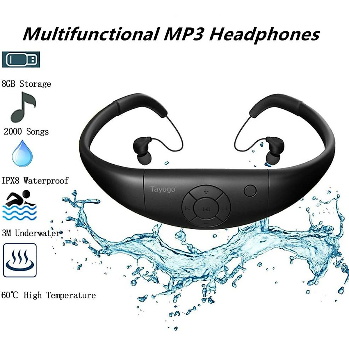 Waterproof Mp3 Player for Swimming, Tayogo IPX8 8GB Underwater Music Headsets for Sports(4 Pairs Earplugs)-Black