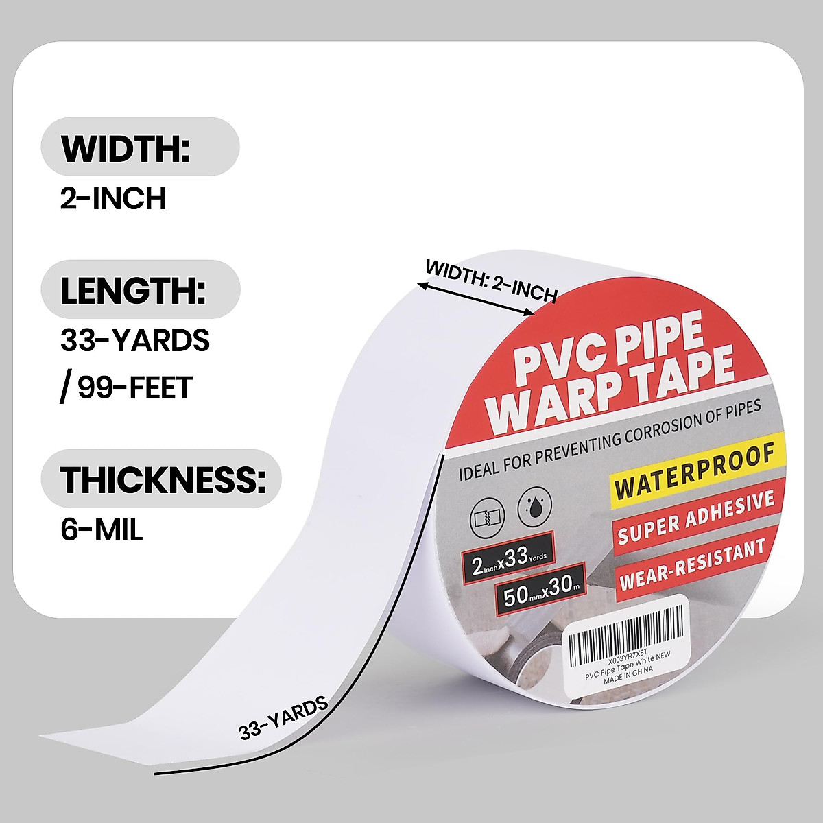 TAPEBEAR Corrosion Protection Pipe Tape, Pipe Wrap Tape for Drain Pipe, Metal Electrical Outdoor Underground Pipe, Waterproof PVC White Tape, Duct Anti-Corrosion and Protection, 2Inch x 33Yard