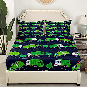 Garbage Trucks Fitted Sheet Twin Size Kids Cartoon Car Bedding Set for Boys Teens Rubbish Car Bed Sheet Set Breathable Vehicles Blue Green Bed Cover Room Decor