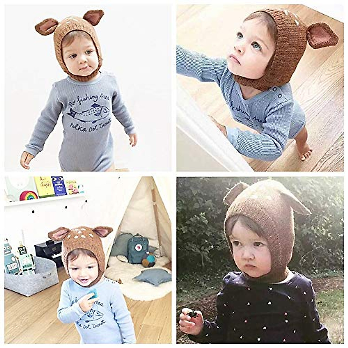 XYX Toddlers Baby Girls and Boys Fleece Lined Crochet Earflap Hats Newborn Kids Cute Beanie Cap Winter Soft Warm Knit Caps (Click A hat - Brown)