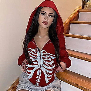 Prreey Women Oversized Fashion Sweatshirt Zip Up Hoodie,Long Sleeve Pullover Casual Pockets Hoodie Skeleton Jacket (E# Red Bone, Small)