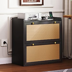 YITAHOME Rattan File Cabinet with Charging Station, Large Lateral Filing Cabinet for Home Office, Black