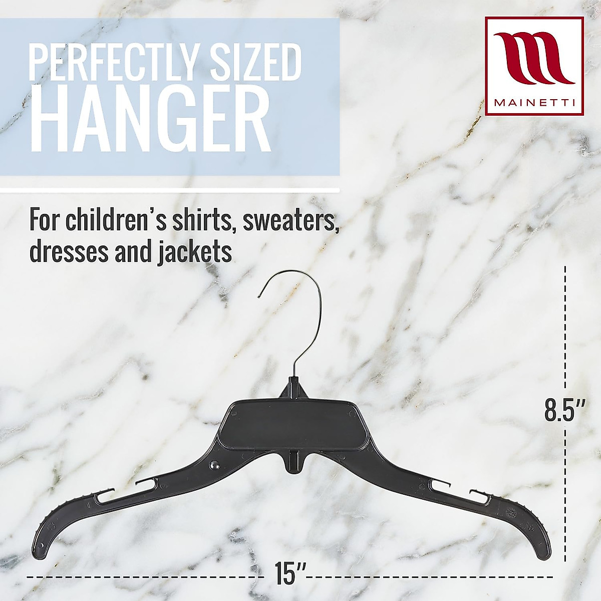 Mainetti 485 Black Plastic Hangers - 10 Pack with Rotating Metal Hook and Notches for Straps, Great for Shirts/Tops/Dresses, 15 Inch