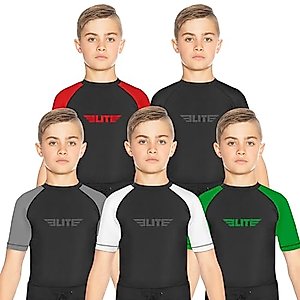 Elite Sports Kids' Jiu Jitsu BJJ Rash Guard, Short Half Sleeve Compression Shirt for Youth Boys Girls Sports Nogi Training (Black, Medium)