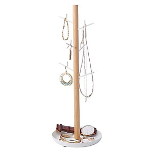 YAMAZAKI Home Tosca Accessory Tree - Jewelry Organizer Stand With Tray - Steel + Wood,White