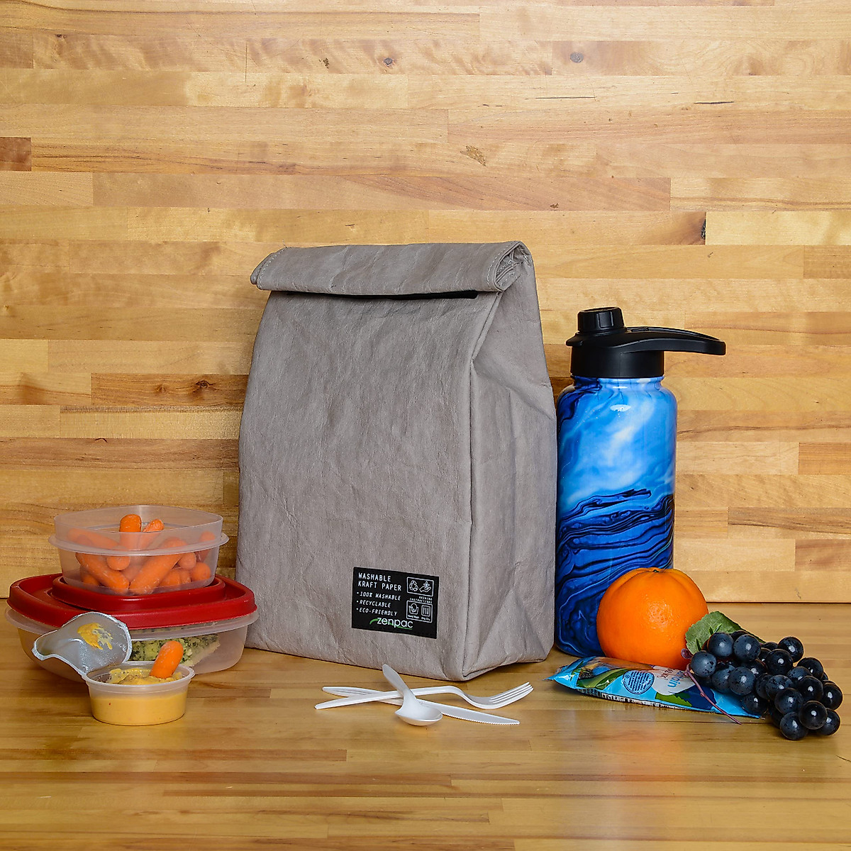 ZENPAC Insulated Lunch Containers, Washable Lunch Bags, Reusable Sandwich Tote with Foldover Top and Square Bottom, 8.5x4.5x12, Silver