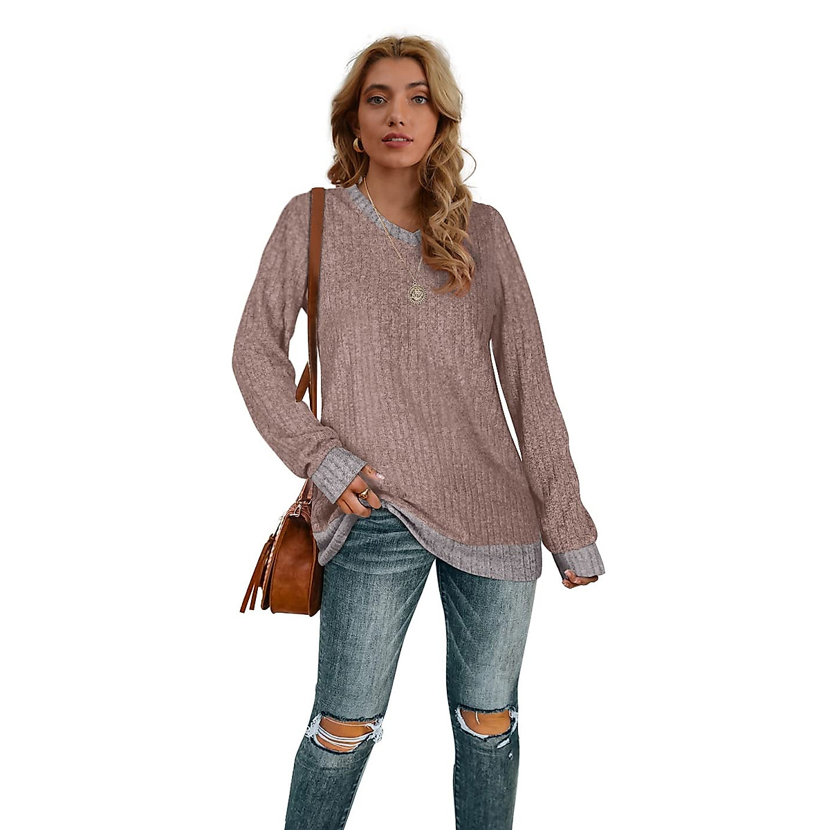 Aokosor Womens Tunic Sweaters to Wear with Leggings Long Sleeve Shirts V Neck Pink M Trendy Clearance