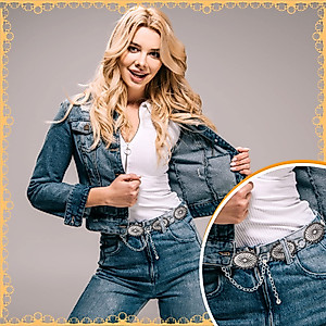 Henoyso Western Metal Belts for Women Silver Oval Flowers Chain Waist Chains for Dresses Jeans Western Cowgirl (Elegant)