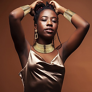 YADOCA 6Pcs African National Jewelry for Women Egypt Gold Choker Collars African Vintage Statement Choker Necklaces Wide Leather Bangle Bracelet Nose Rings Hoop Chain Earrings Sets