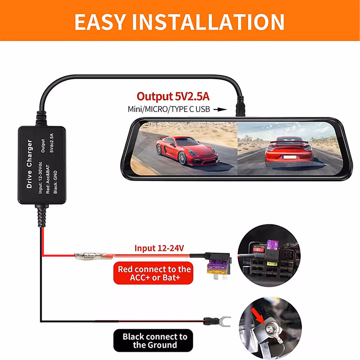 Acouto Dash Cam Hardwire Kit 12V-30V to 5V Car Dash Camera Power Cord Hardwiring Set for Mirror Cam GPS Navigator Radar Detector (MINI)