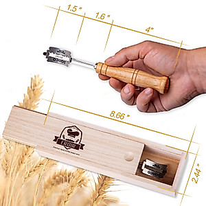 EROIR Hand Crafted Bread Lame Dough Scoring Tool in Wooden Storage Box for Sourdough Bread Baking - Dough Scoring Knife with 10 Extra Blades and a Protective Leather Cover
