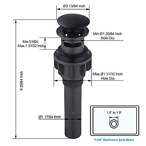 ARCORA Bathroom Sink Drain Matte Black Pop Up Drain with Overflow Vanity Vessel Sink Clicker Drain Stopper