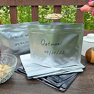 50 Pack 7.5 Mil Stand Up Bags - Resealable Smell Proof Bag withstand Hot Water for Meal Ready to Eat, Camping, Hiking - Foil Sealable Zipper Pouch for Food Storage (8.5x6.5 Inches, Glossy Silver)