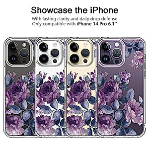 bicol Hybrid iPhone 14 Pro Case Clear Fashion Designs Phone Cover for Women Girls, Stylish Slim Shockproof Hard PC+TPU Bumper Flower Protective Phone Case for iPhone 14 Pro 6.1 inch Purple Flowers