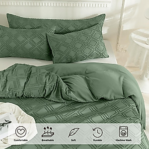 JELLYMONI Green Duvet Cover Full Size - 3 PCS Microfiber Tufted Duvet Cover Set, Boho Textured Duvet Cover Jacquard Rhombus Geometric Pattern Duvet Cover with Corner Ties & Zipper Closure