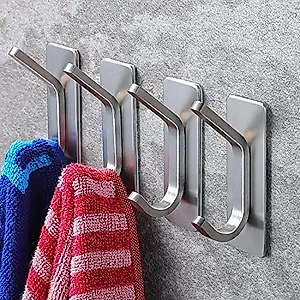 YIGII Towel Hook/Adhesive Hooks - Wall Hooks for Coat/Robe/Towels Stick on Bathroom/Kitchen 4-Pack, Stainless Steel