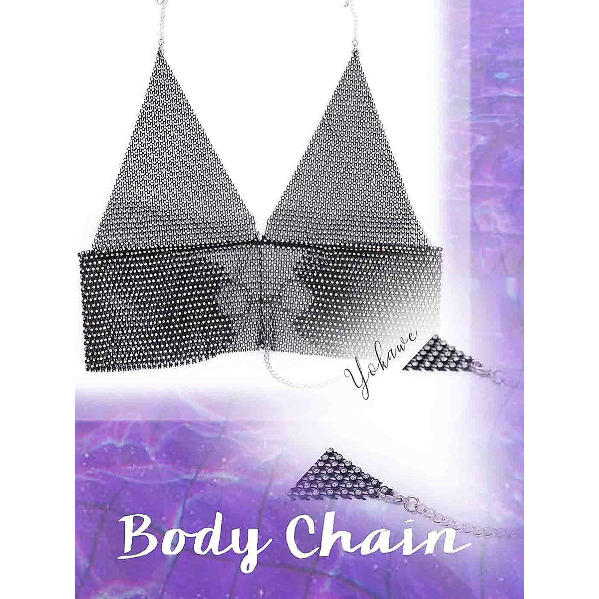 Yokawe Rhinestone Crop Tube Top Black Glitter Crystal Tank Top Sexy Backless Halter Bra Chain V Neck Bikini Chains Party Rave Festival Nightclub Body Accessories Jewelry for Women and Girls