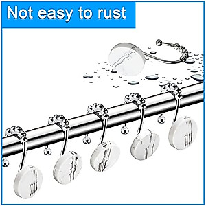 Marble Shower Curtain Ring Hooks Rust Proof Decorative for Bathroom Towel Clothes Kitchen Utensil Living Room (White with Glide Balls)