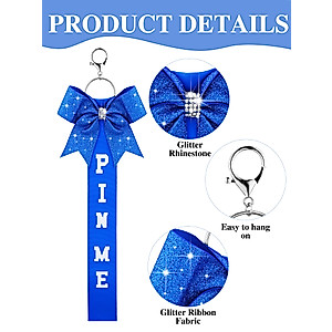 Landical 24 Pcs Cheer Pin Me Ribbon Cheer Keychain Cheer Ribbon Pins with Rhinestones Bow for Cheerleader Bag Backpack (Blue)