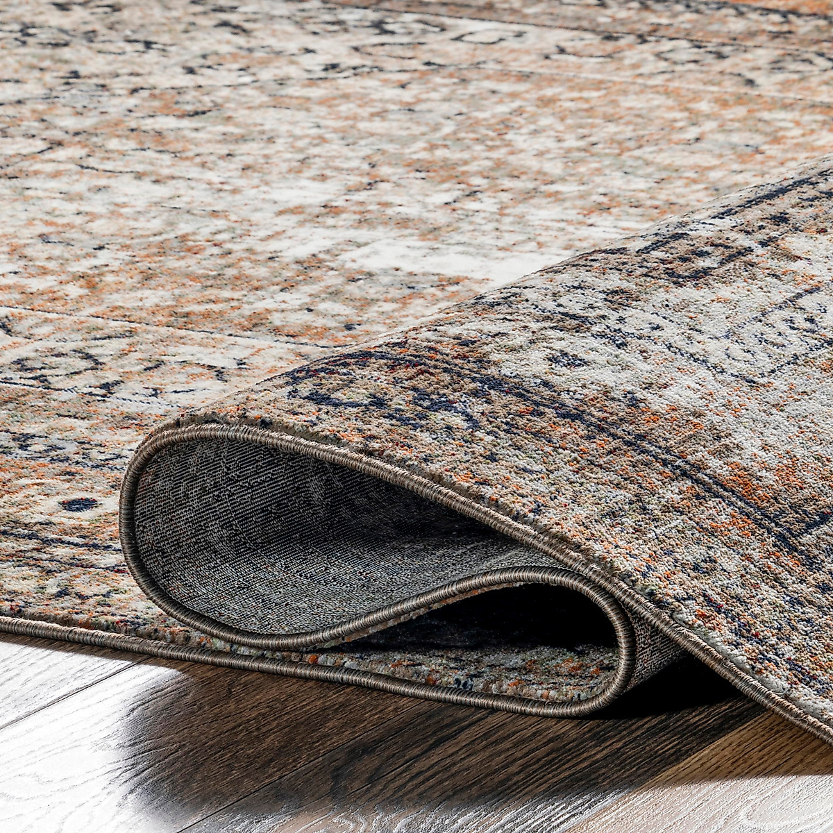 nuLOOM Charvi Distressed Medallion Fringe Area Rug - 7x10 Area Rug Vintage Beige/Ivory Rugs for Living Room Bedroom Dining Room Kitchen